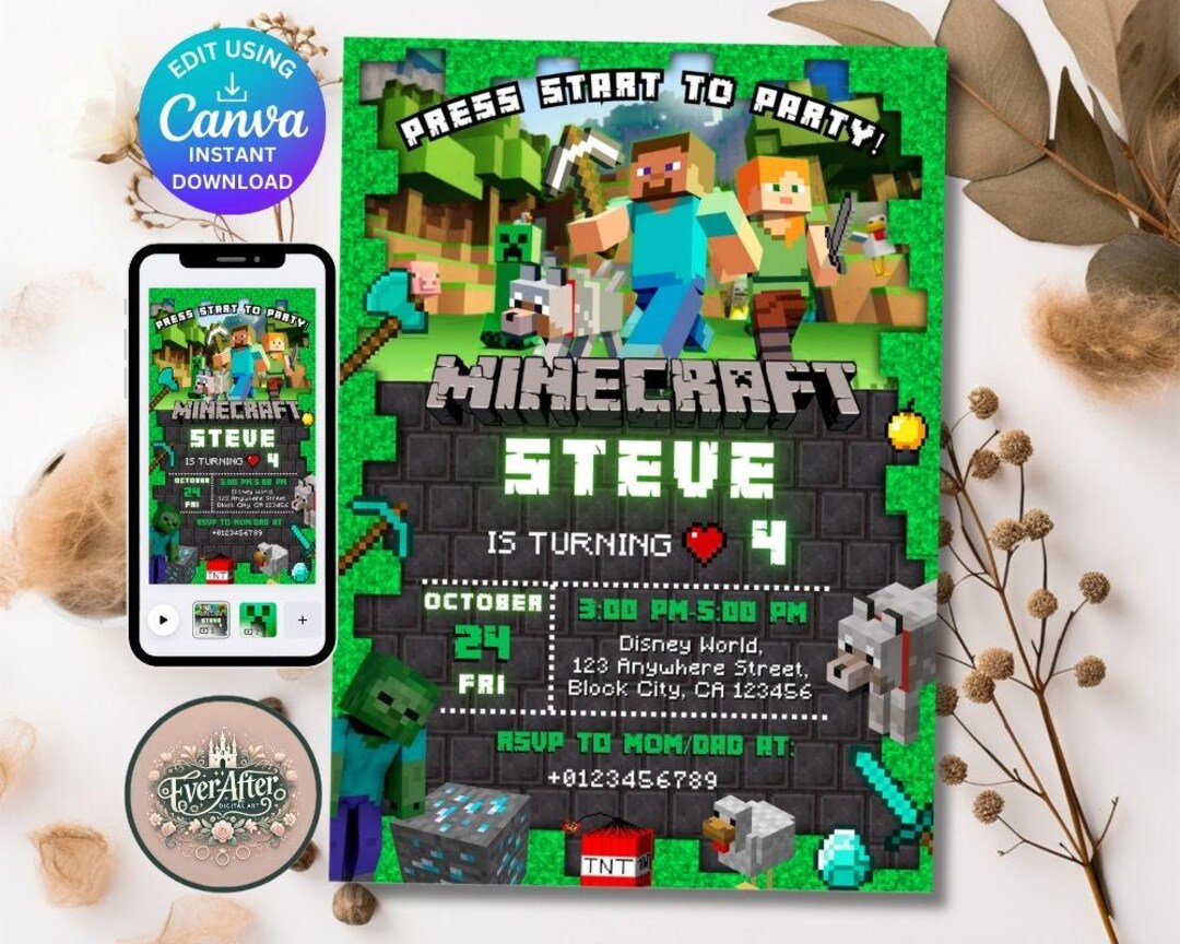 Editable Pixel Birthday Invitation Block Party Invite Gamer Birthday ...