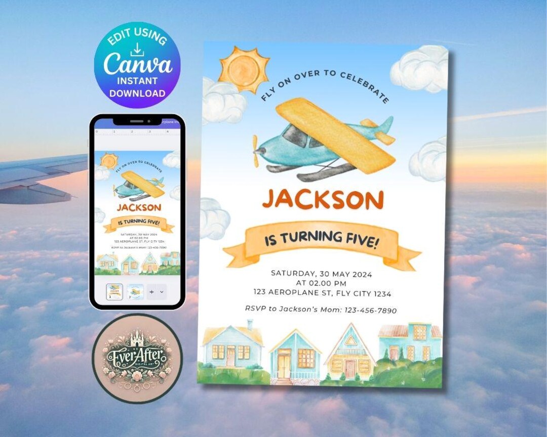 Editable Airplane Birthday Invitation Pilot Party Aircraft Theme Fly ...