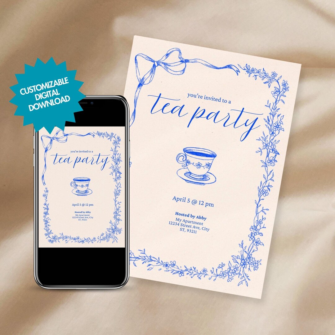 EDITABLE Blue Tea Party Invitation – Hand-drawn Floral Ribbon, Vintage ...