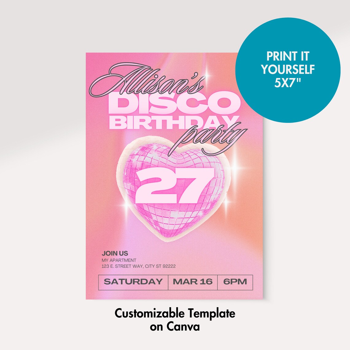 EDITABLE Cute Disco Invitation, Pink Disco Template, Retro Birthday ...