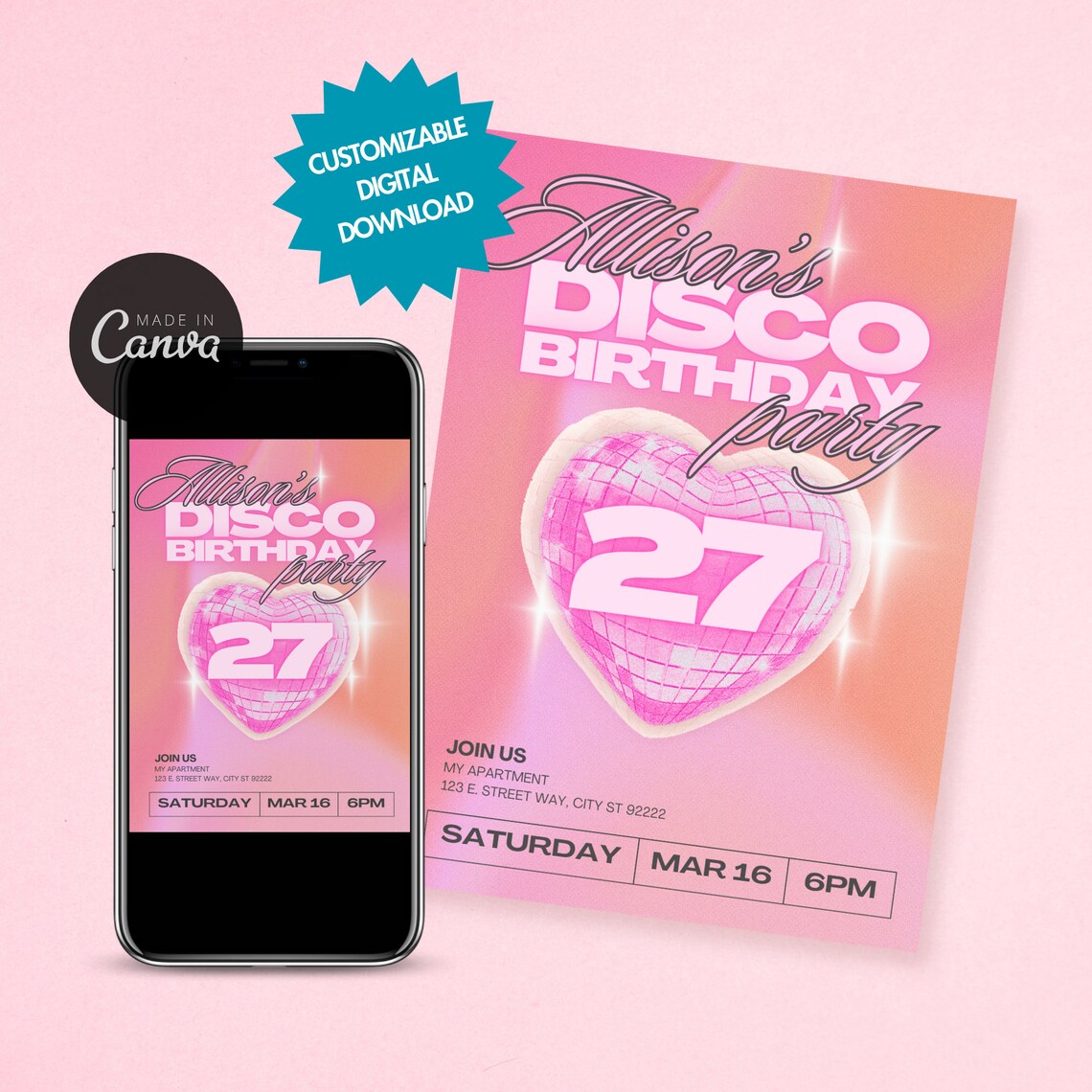 EDITABLE Cute Disco Invitation, Pink Disco Template, Retro Birthday ...