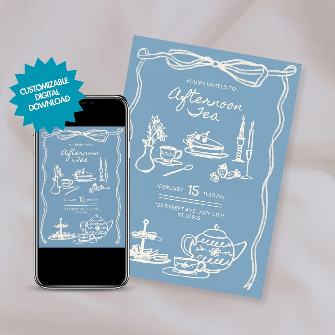 EDITABLE Powder Blue Tea Party Invitation – Hand-drawn Ribbon & French ...