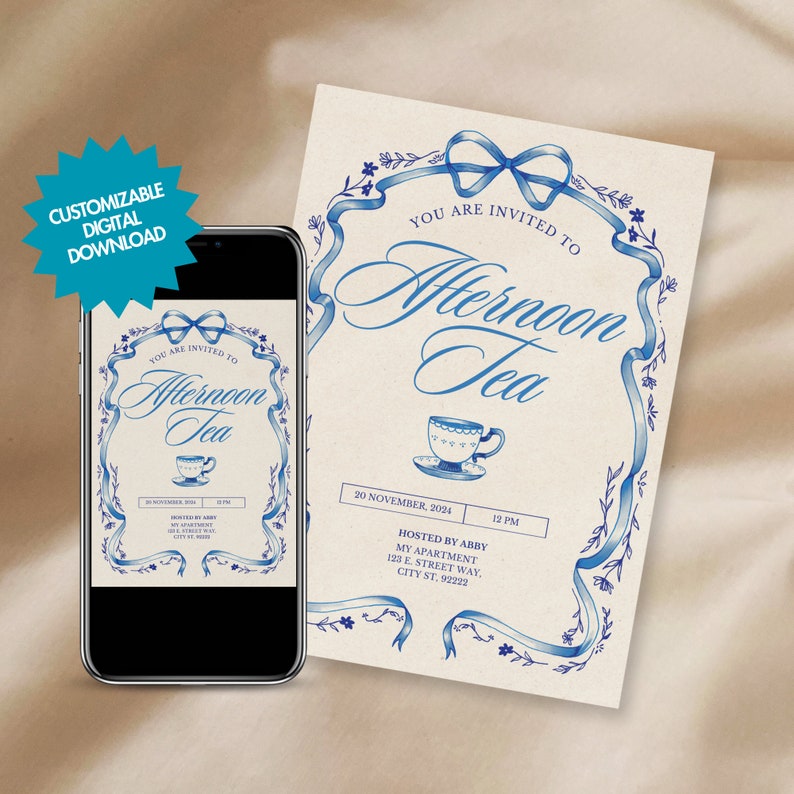 EDITABLE Tea Party Invitation Card, Hand Drawn Ribbon Illustration ...
