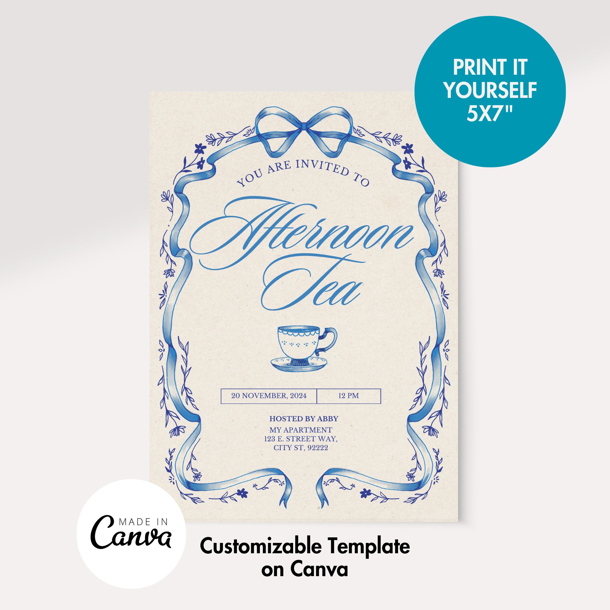 EDITABLE Tea Party Invitation Card, Hand Drawn Ribbon Illustration ...