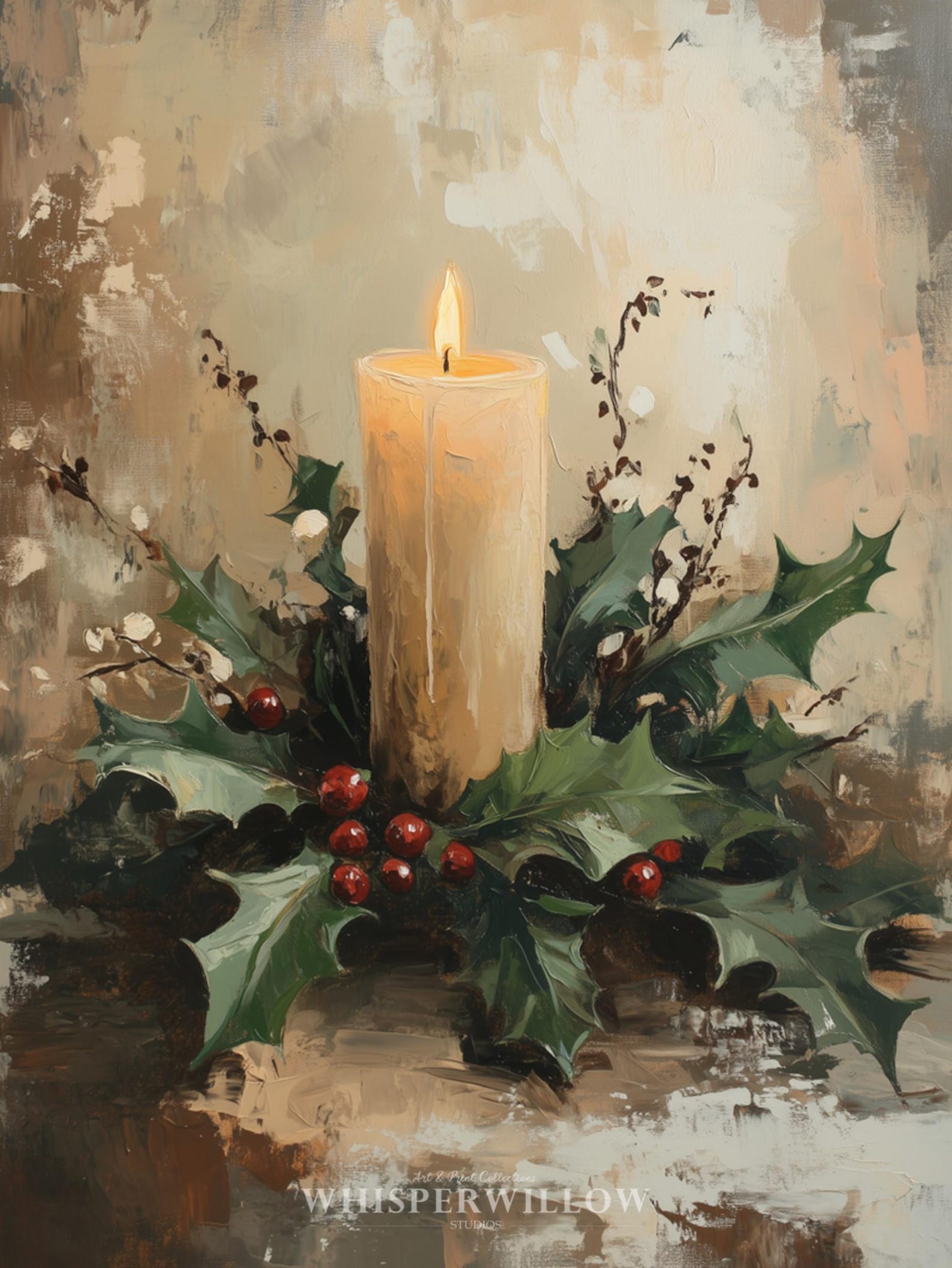 Elegant Christmas Candle With Holly Painting, Digital Printable ...