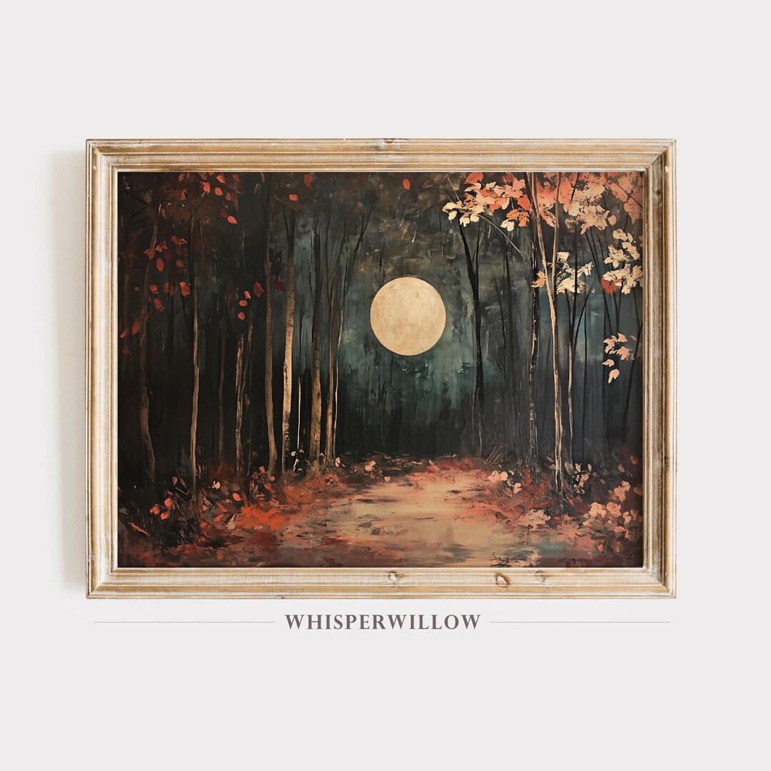 Moonlit Forest Path With Autumn Leaves Painting, Digital Printable ...