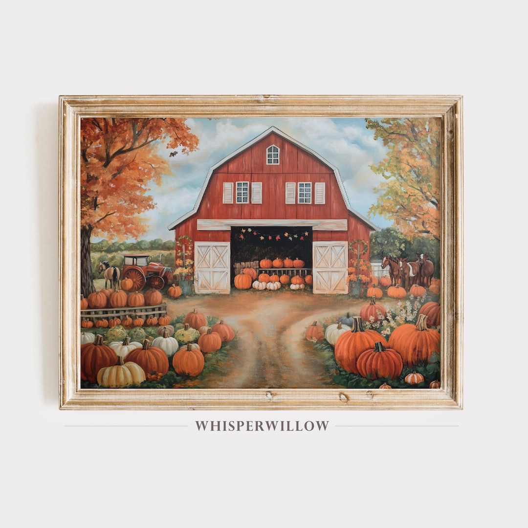 Autumn Farm Scene With Pumpkins and Red Barn Painting, Digital ...