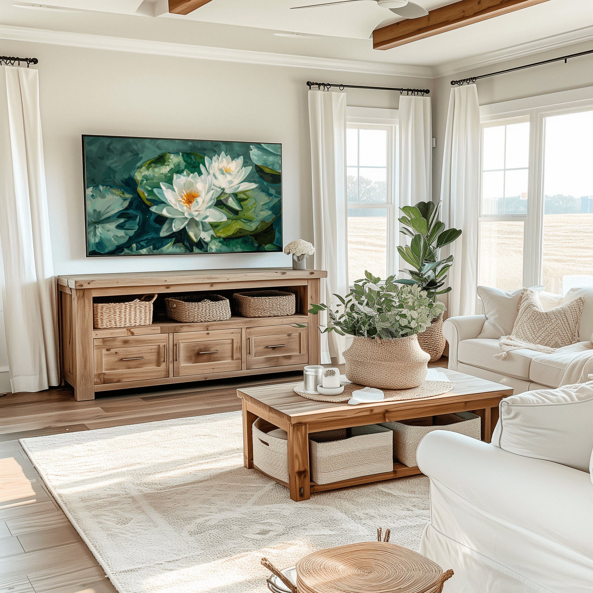 Samsung Frame TV Art, White Lotus Flowers on Lily Pads, Digital ...