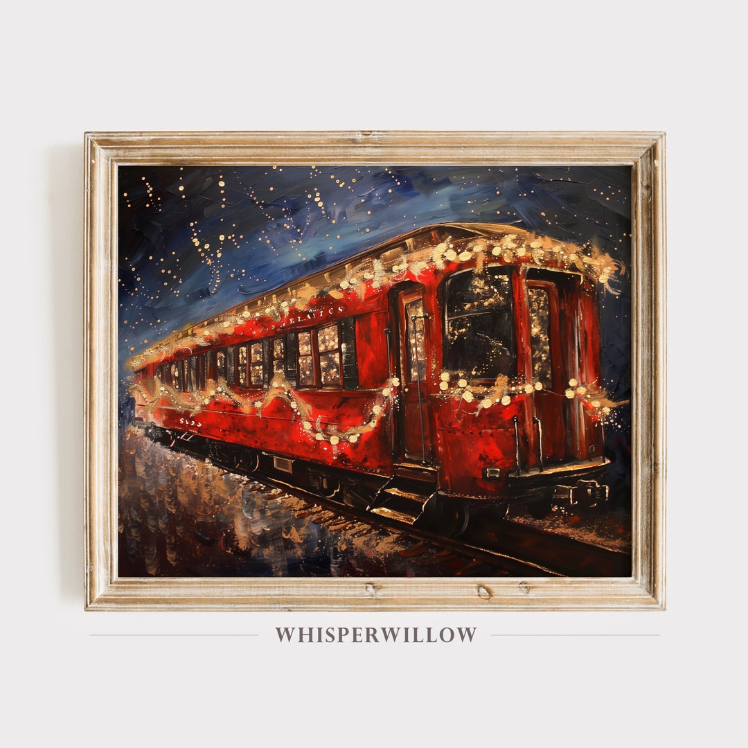 Vintage Red Train Car Twinkle Lights Digital Painting, Digital ...
