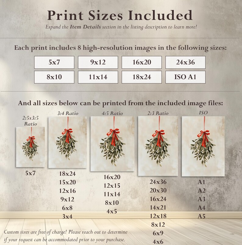 Holiday Mistletoe With Red Ribbon, Digital PRINTABLE Download, Elegant ...