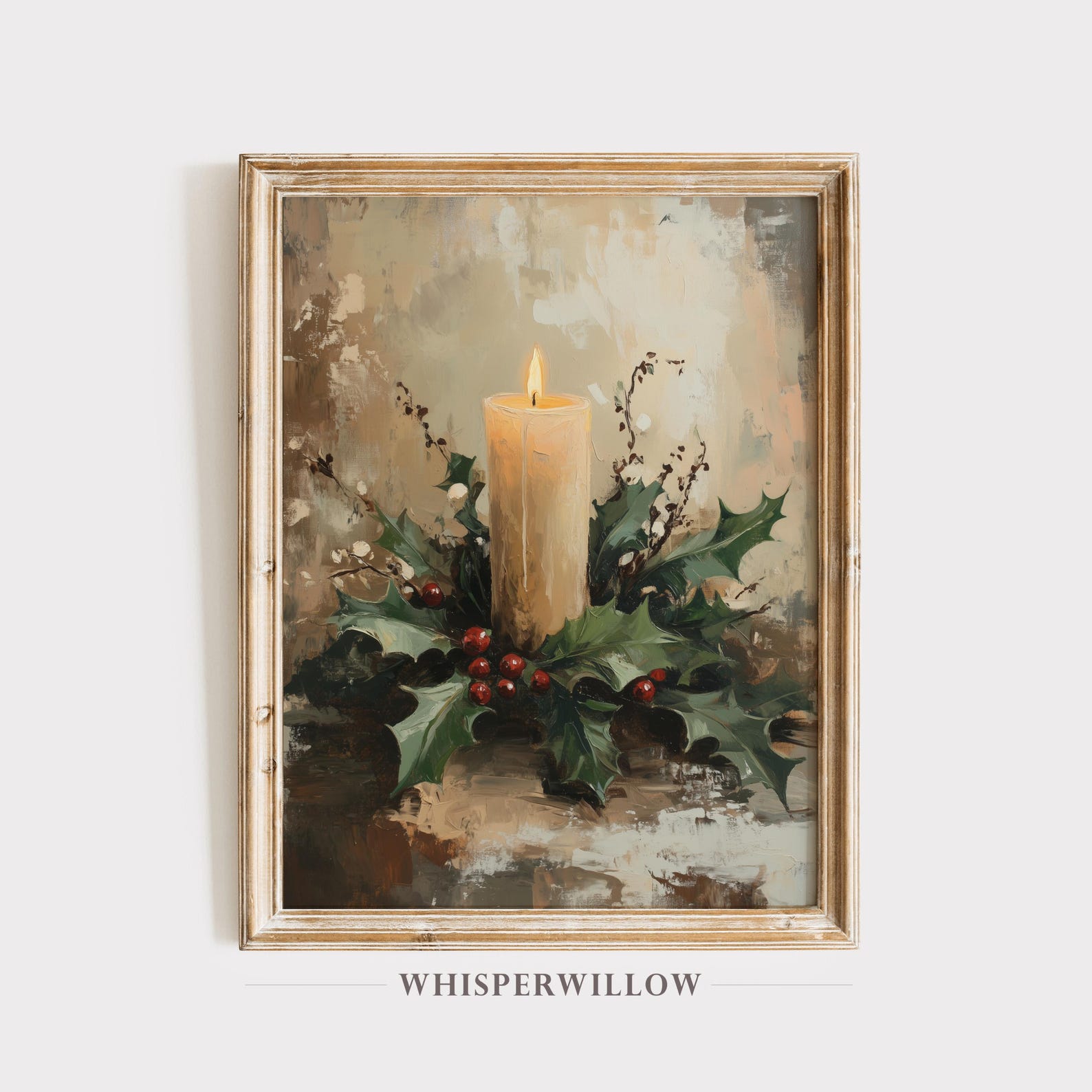 Elegant Christmas Candle With Holly Painting, Digital Printable ...