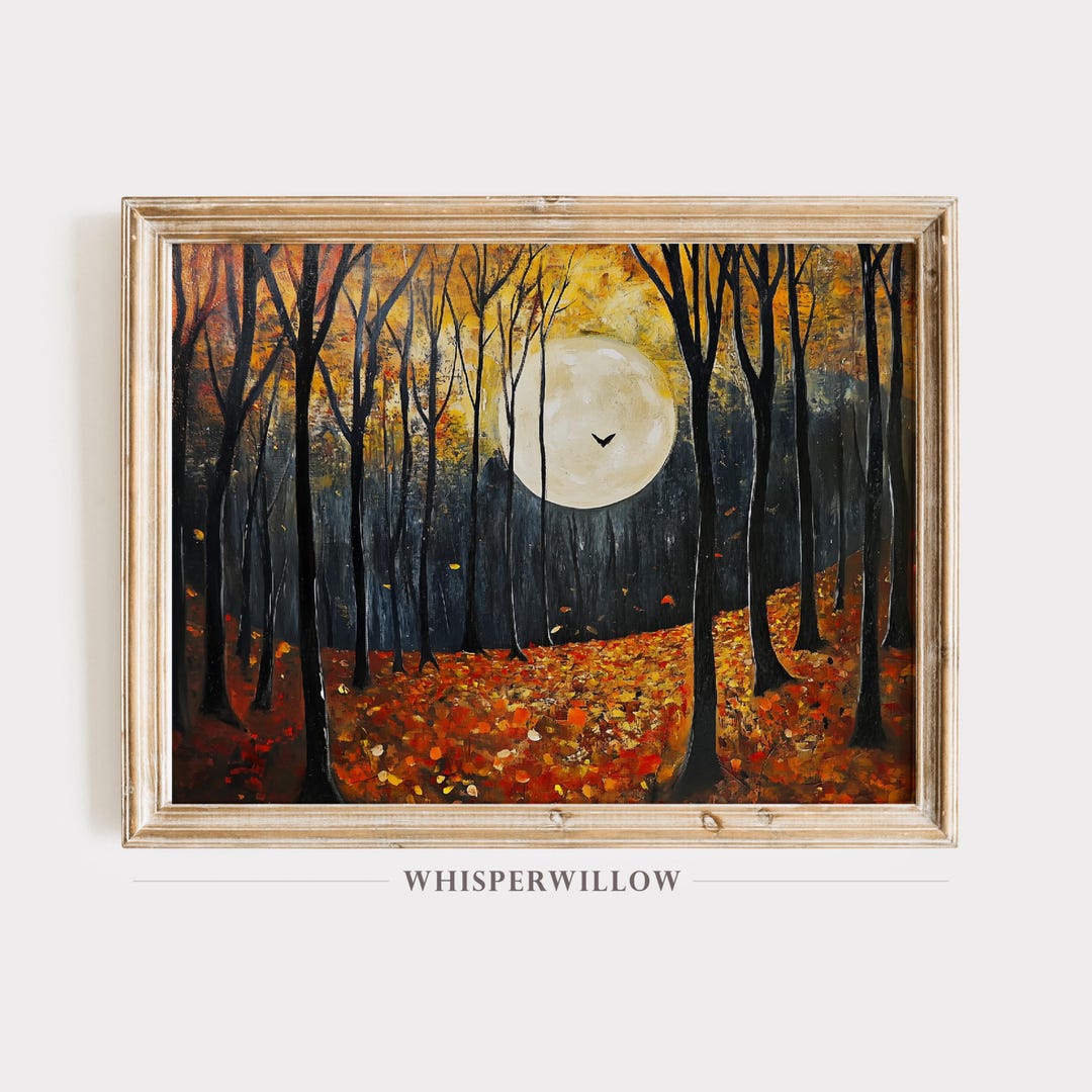 Autumn Forest Moonlight Trees Painting, Digital Printable Download ...