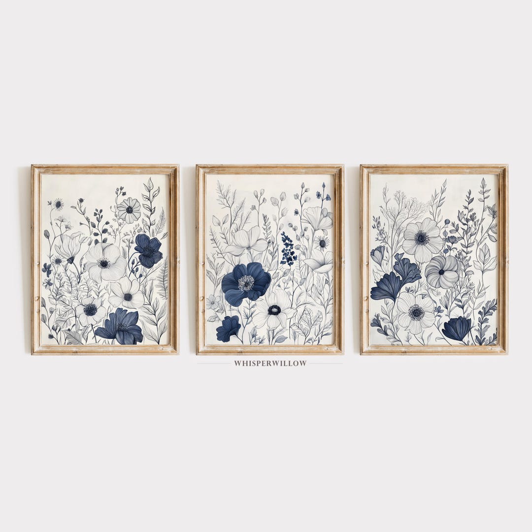 Blue Botanical Flower Wall Art Set of 3 - Digital PRINTABLE Download ...