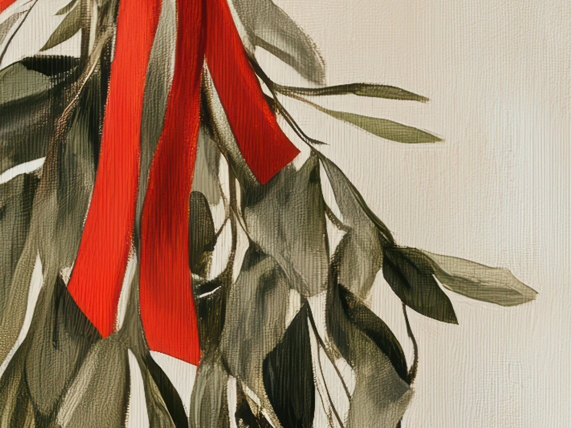 Holiday Mistletoe With Red Ribbon, Digital PRINTABLE Download, Elegant ...