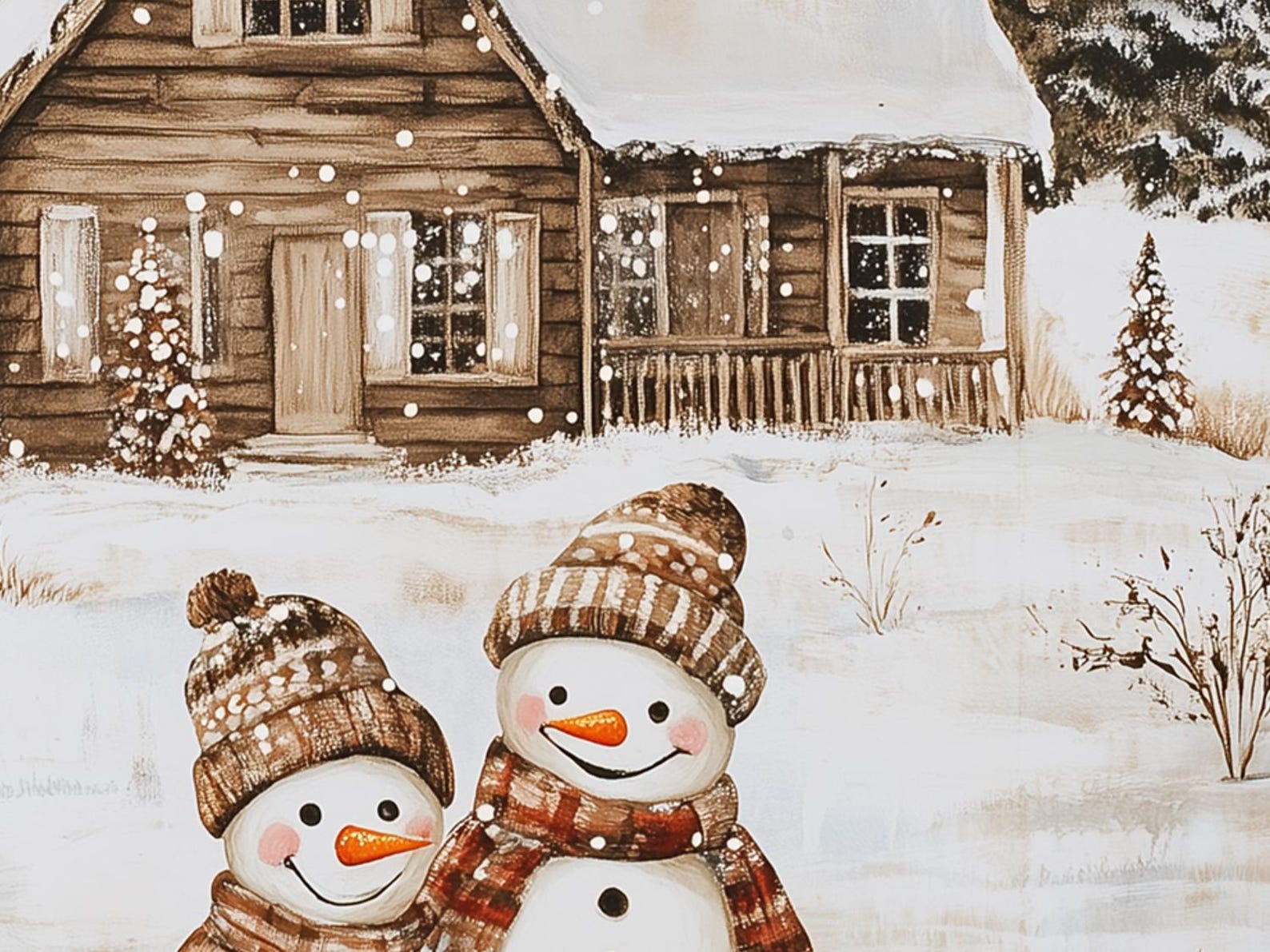 Cozy Winter Snowmen Mountain Cabin Scene Painting, Digital Printable ...