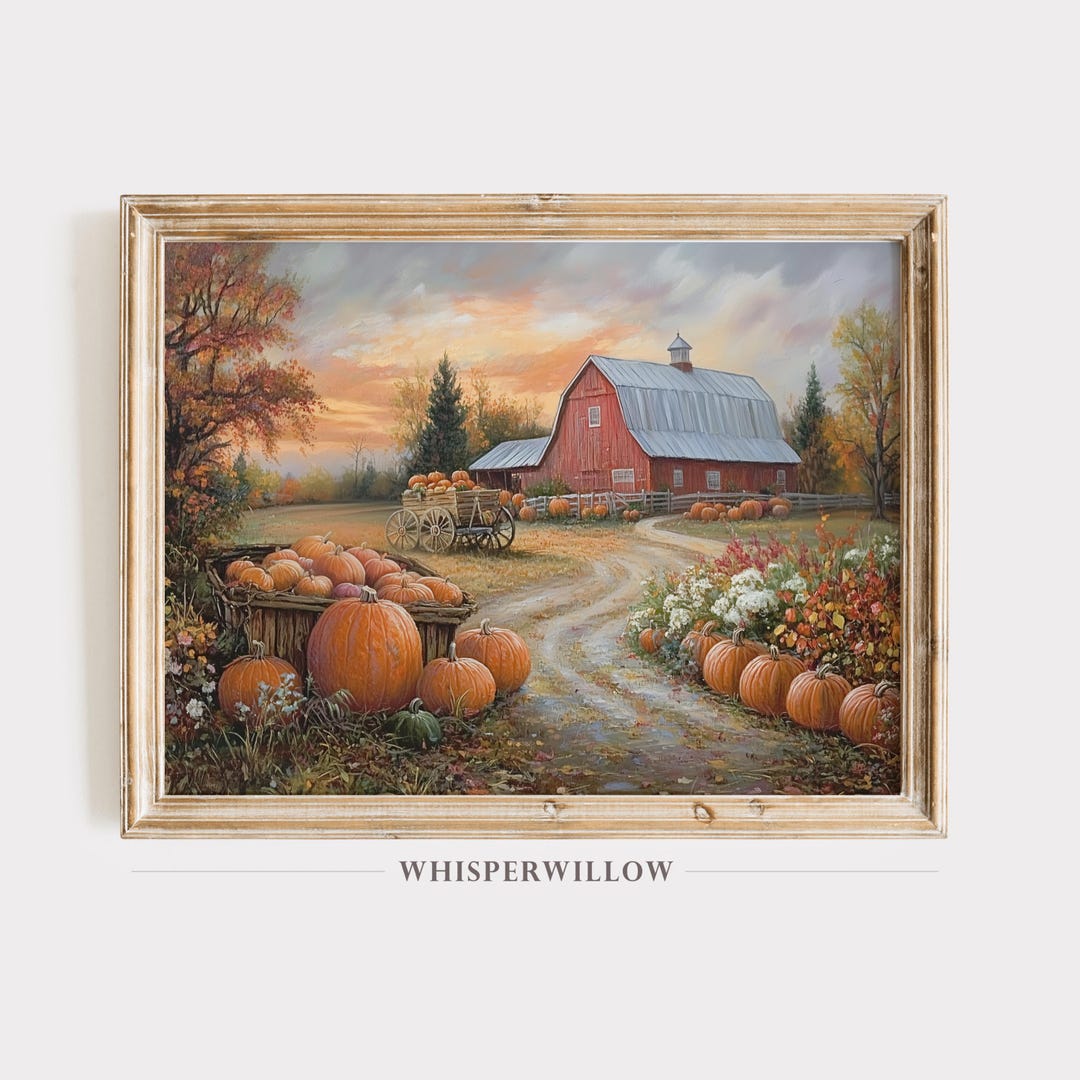 Rustic Red Barn and Pumpkin Farm Autumn Landscape Painting, Digital ...