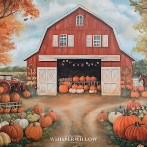 Autumn Farm Scene With Pumpkins and Red Barn Painting, Digital ...