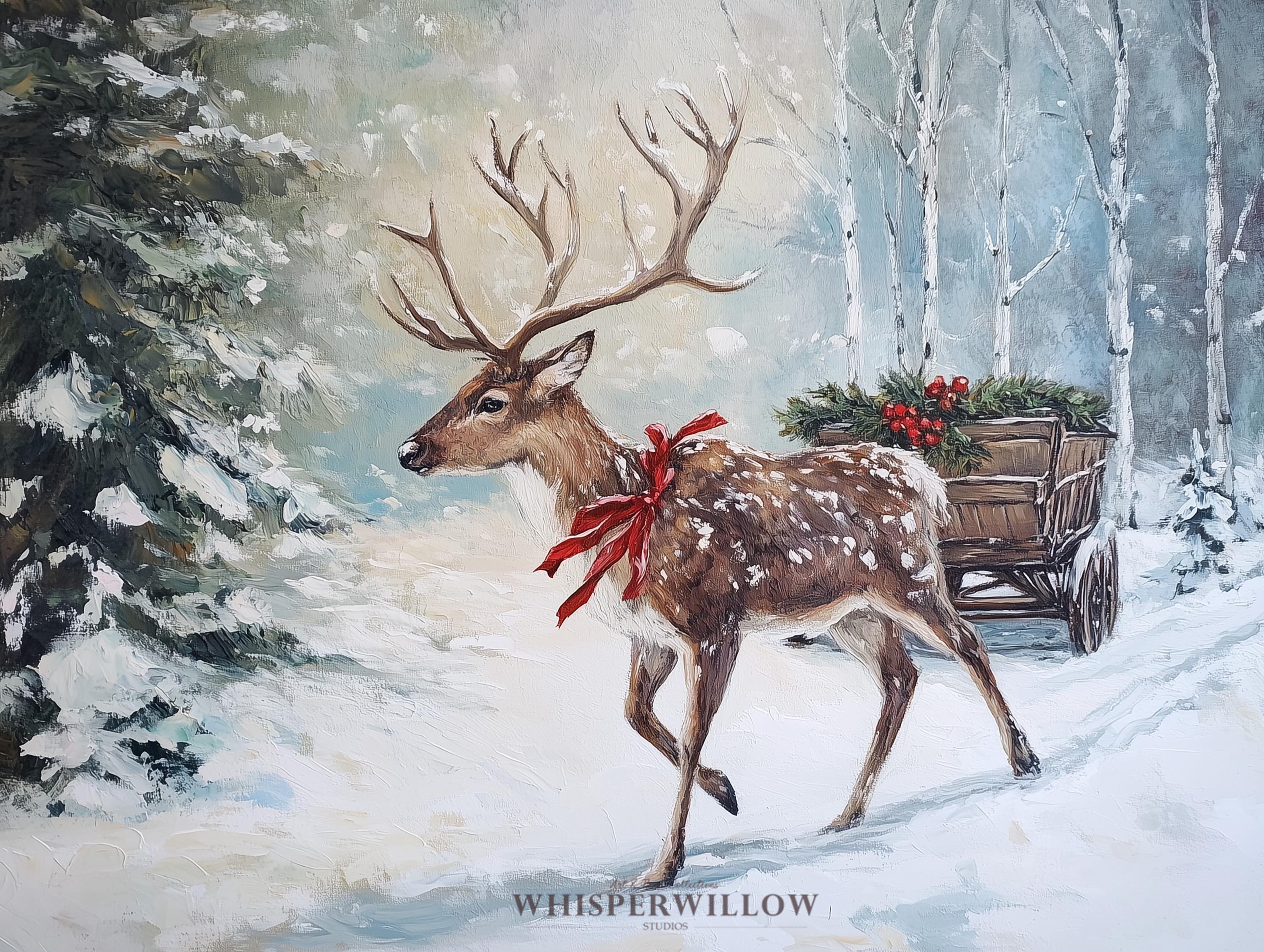 Christmas Reindeer and Sleigh Painting, Digital Printable Download ...