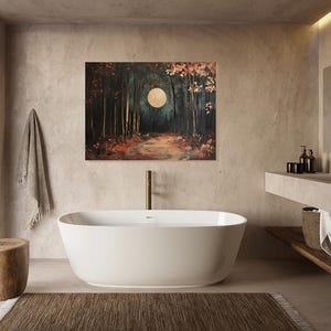 Moonlit Forest Path With Autumn Leaves Painting, Digital Printable ...