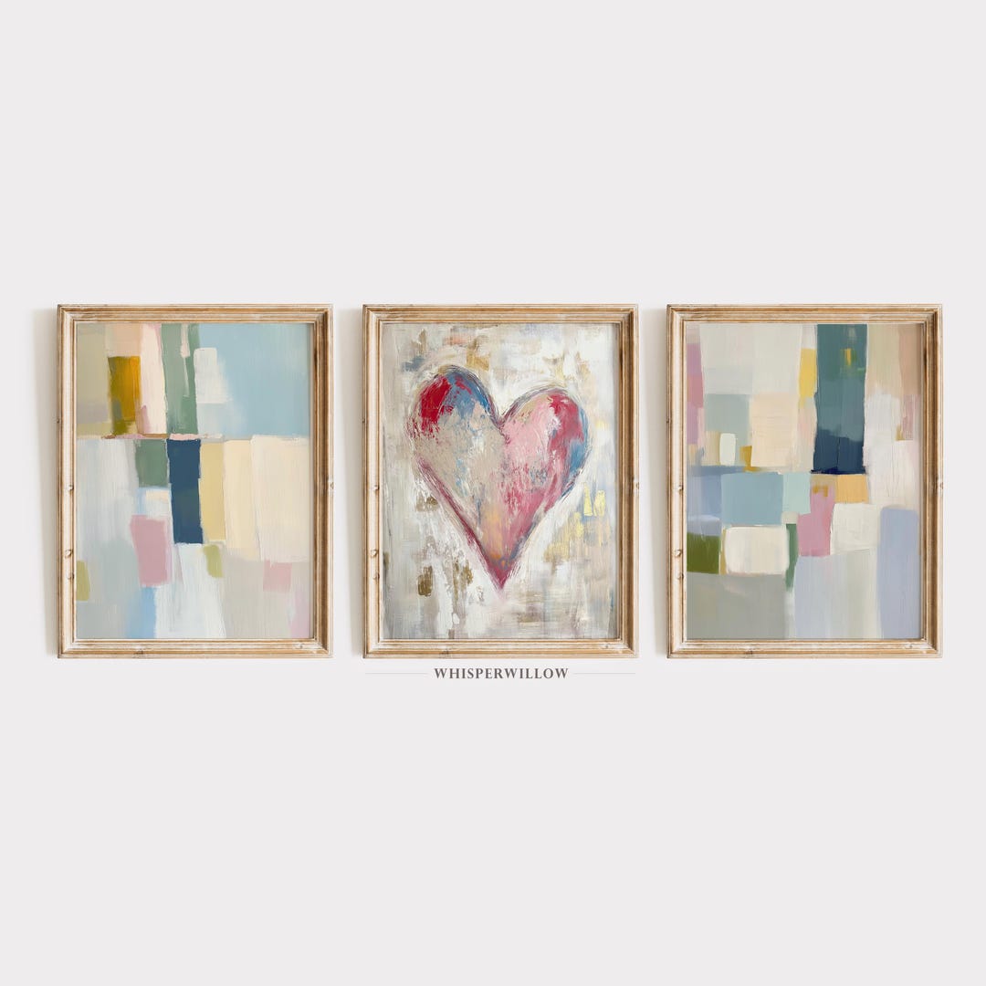 Abstract Modern Heart Wall Art Set of Three (3) Prints, Digital ...