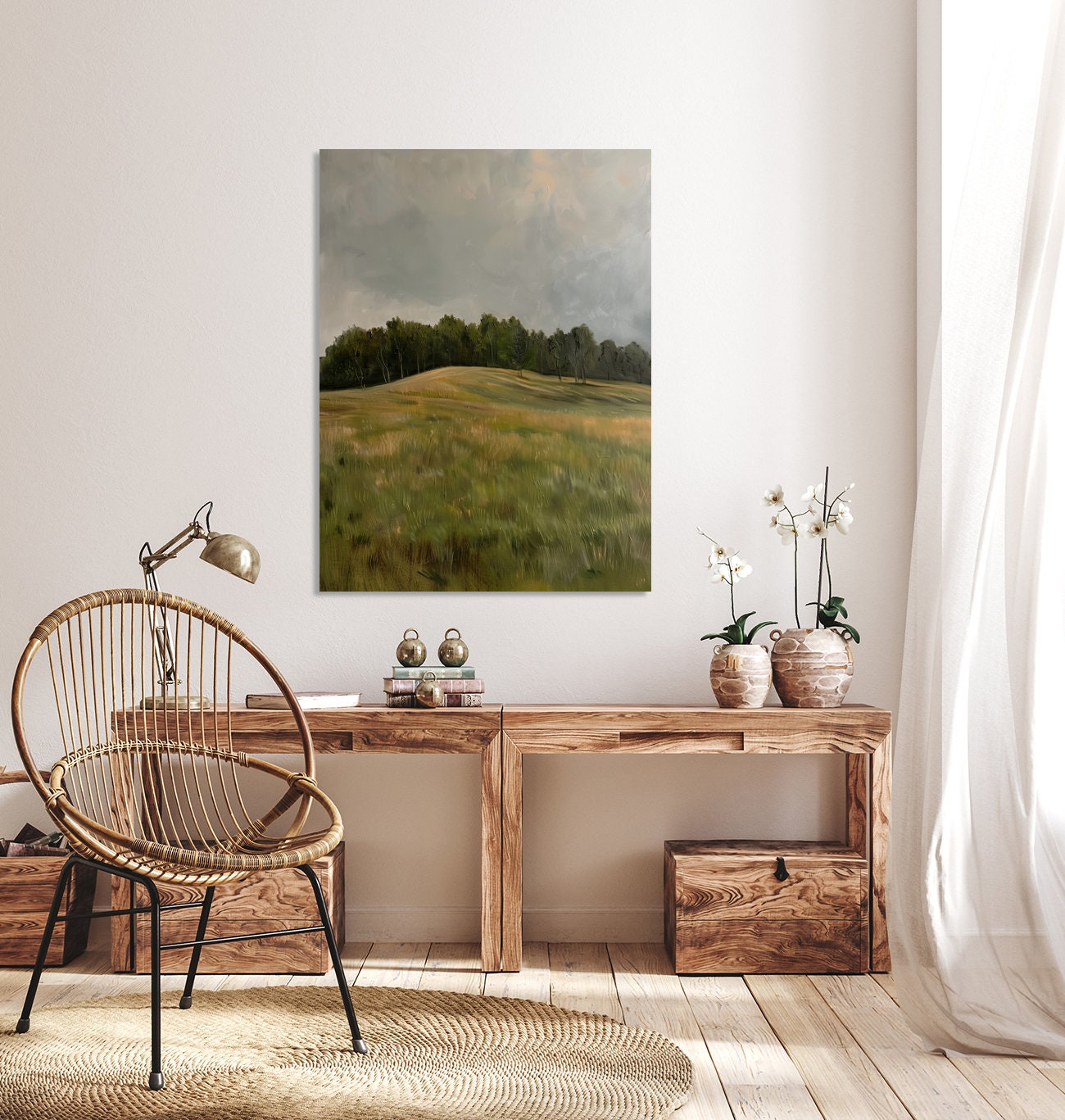 Tree Line Grassy Landscape Muted Colors Painting, Digital Printable ...