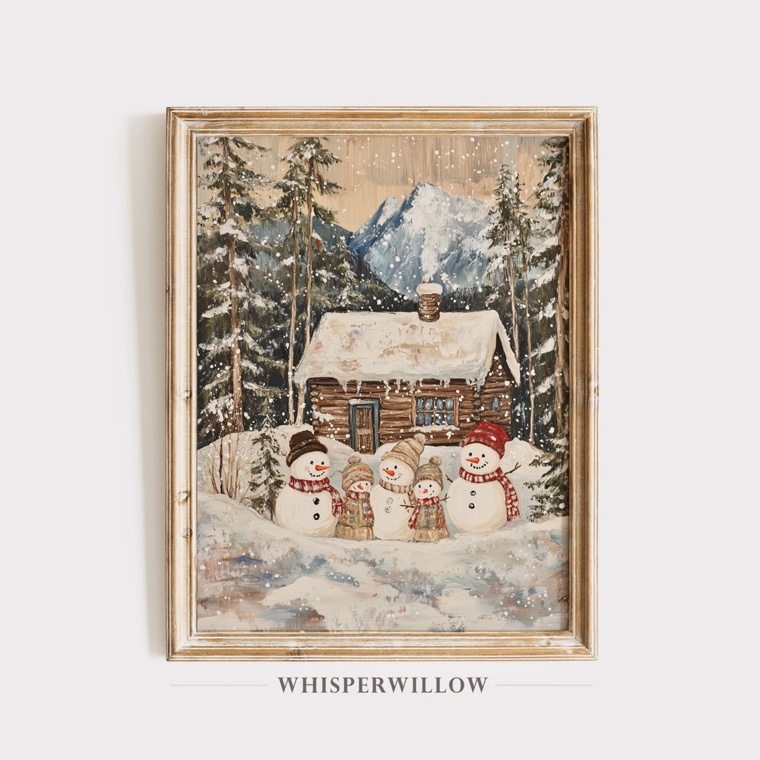 Winter Cabin Snowman Family Painting, Digital Printable Download, Cozy ...