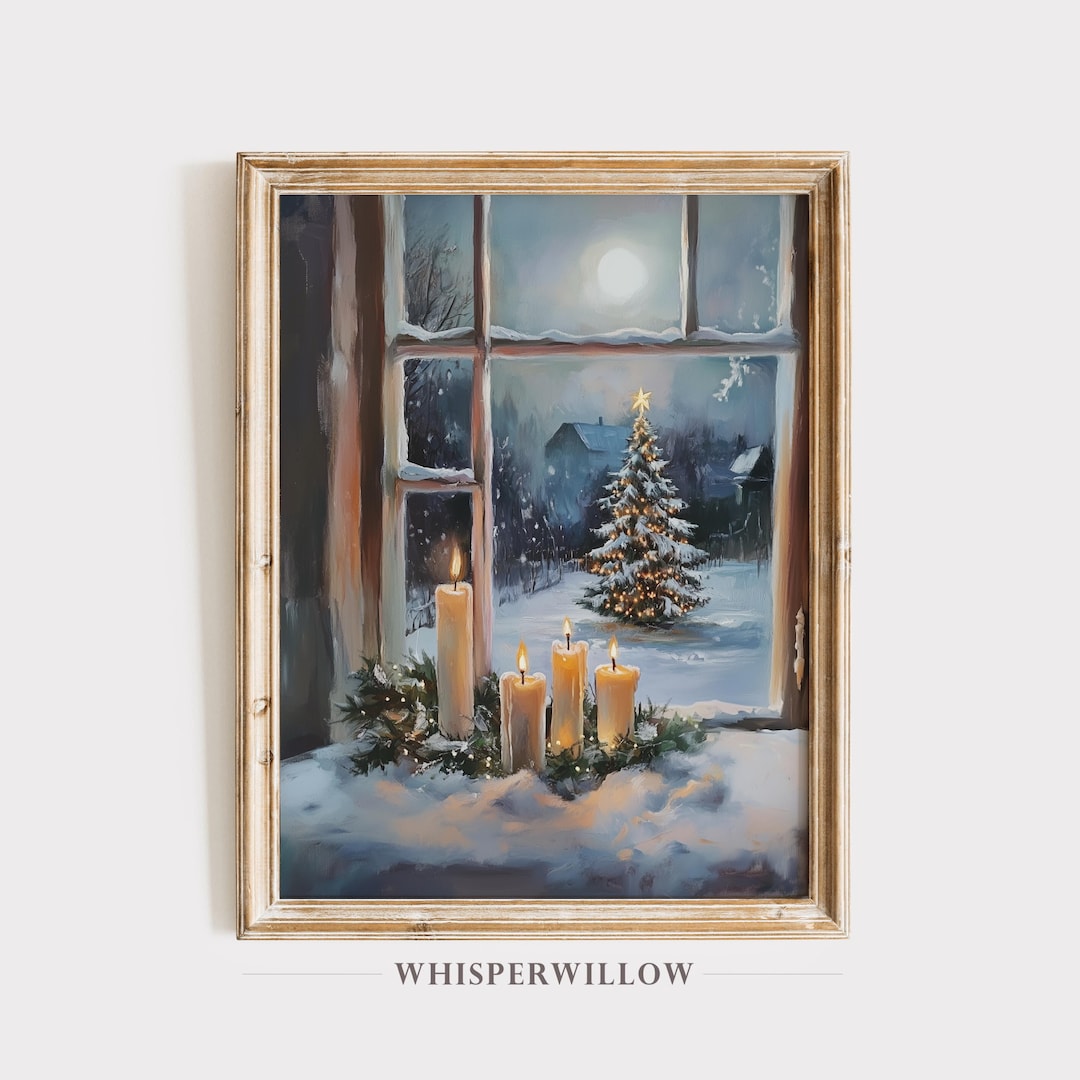 Cozy Christmas Window View With Candles and Tree Painting, Digital ...