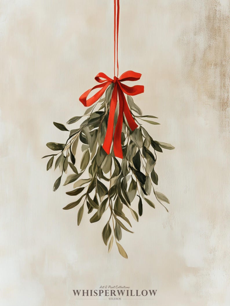 Holiday Mistletoe With Red Ribbon, Digital PRINTABLE Download, Elegant ...
