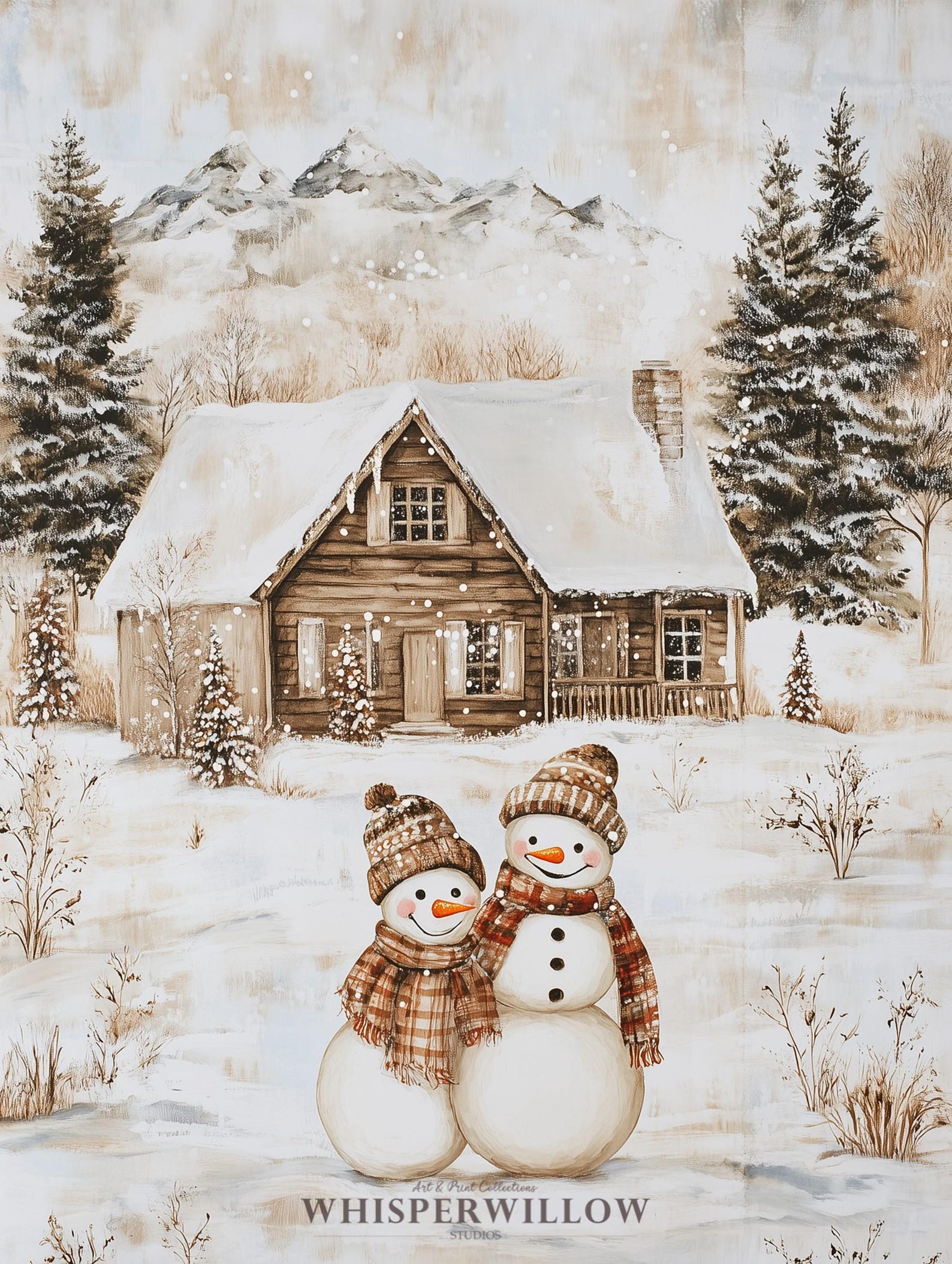Cozy Winter Snowmen Mountain Cabin Scene Painting, Digital Printable ...