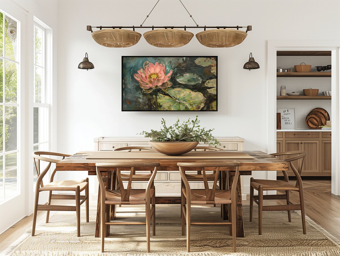 Samsung Frame TV Art, Pink Lotus Flower on Lily Pads Painting, Digital ...