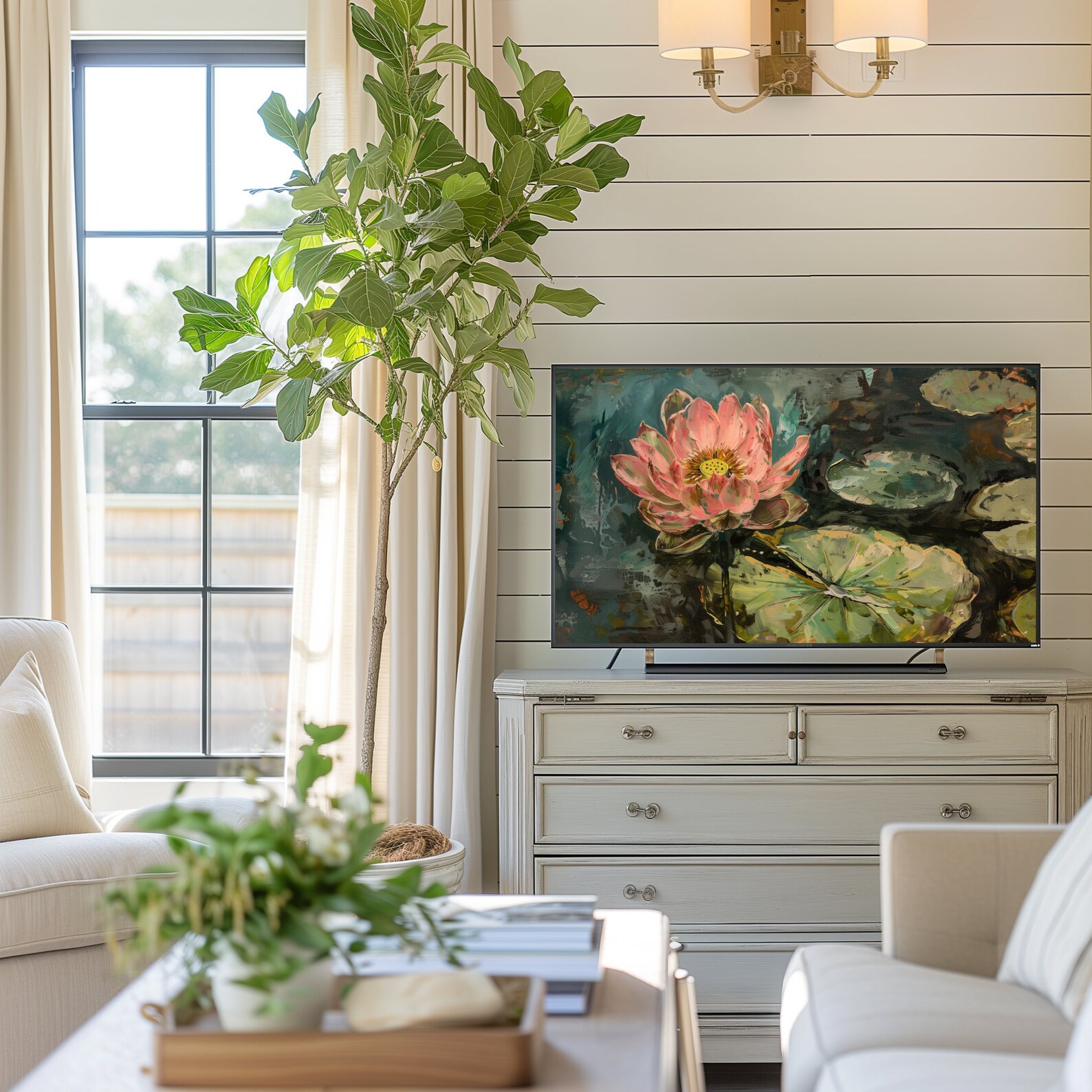 Samsung Frame TV Art, Pink Lotus Flower on Lily Pads Painting, Digital ...