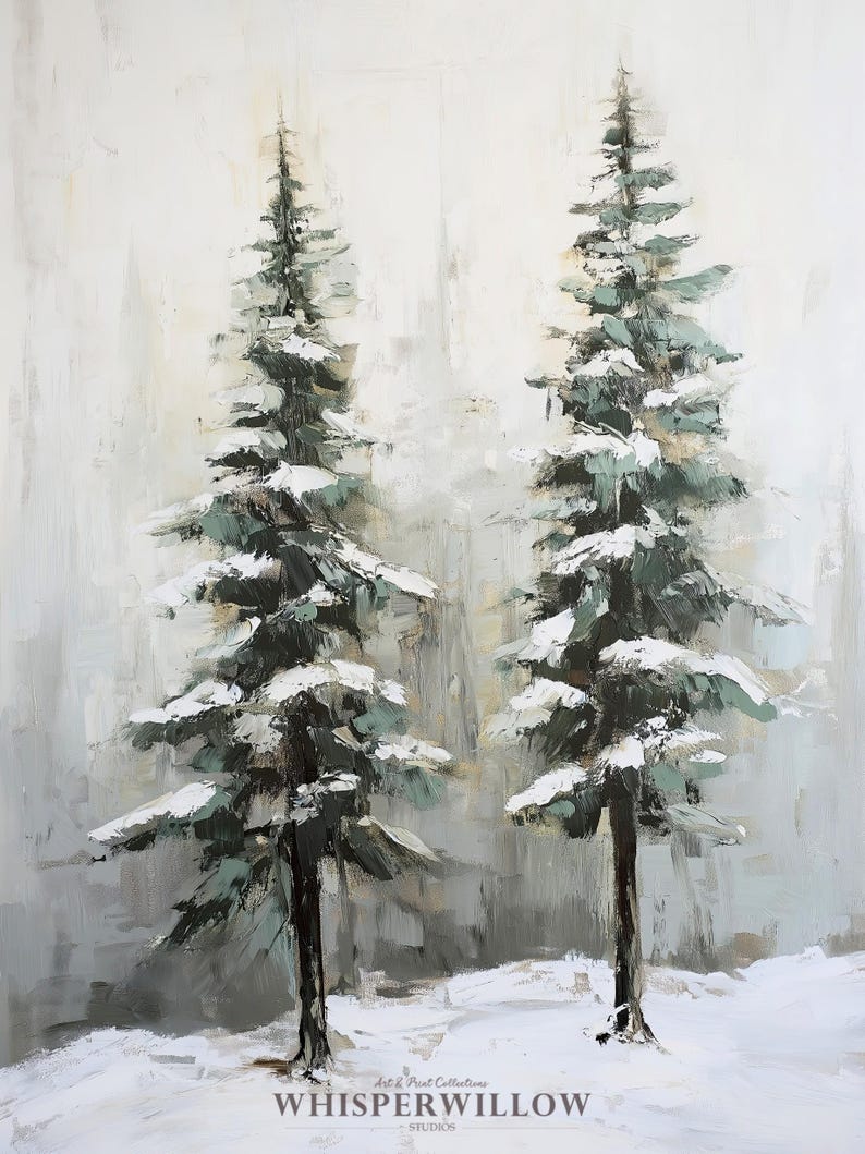 Abstract Winter Pine Trees Digital Paintings SET of THREE (3 ...