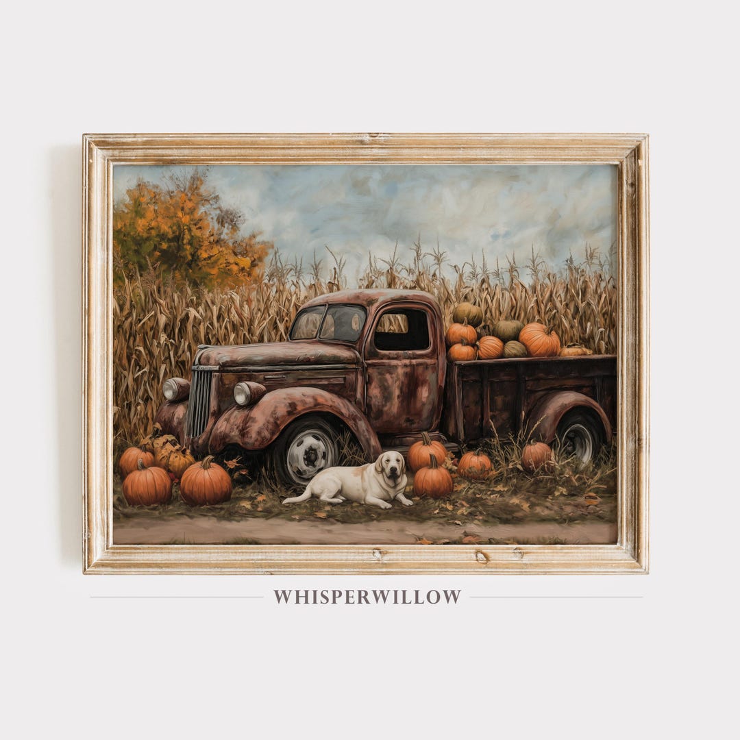Rustic Fall Farm Scene with Pumpkins, Vintage Truck, and Dog Painting ...