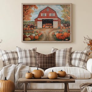 Autumn Farm Scene With Pumpkins and Red Barn Painting, Digital ...