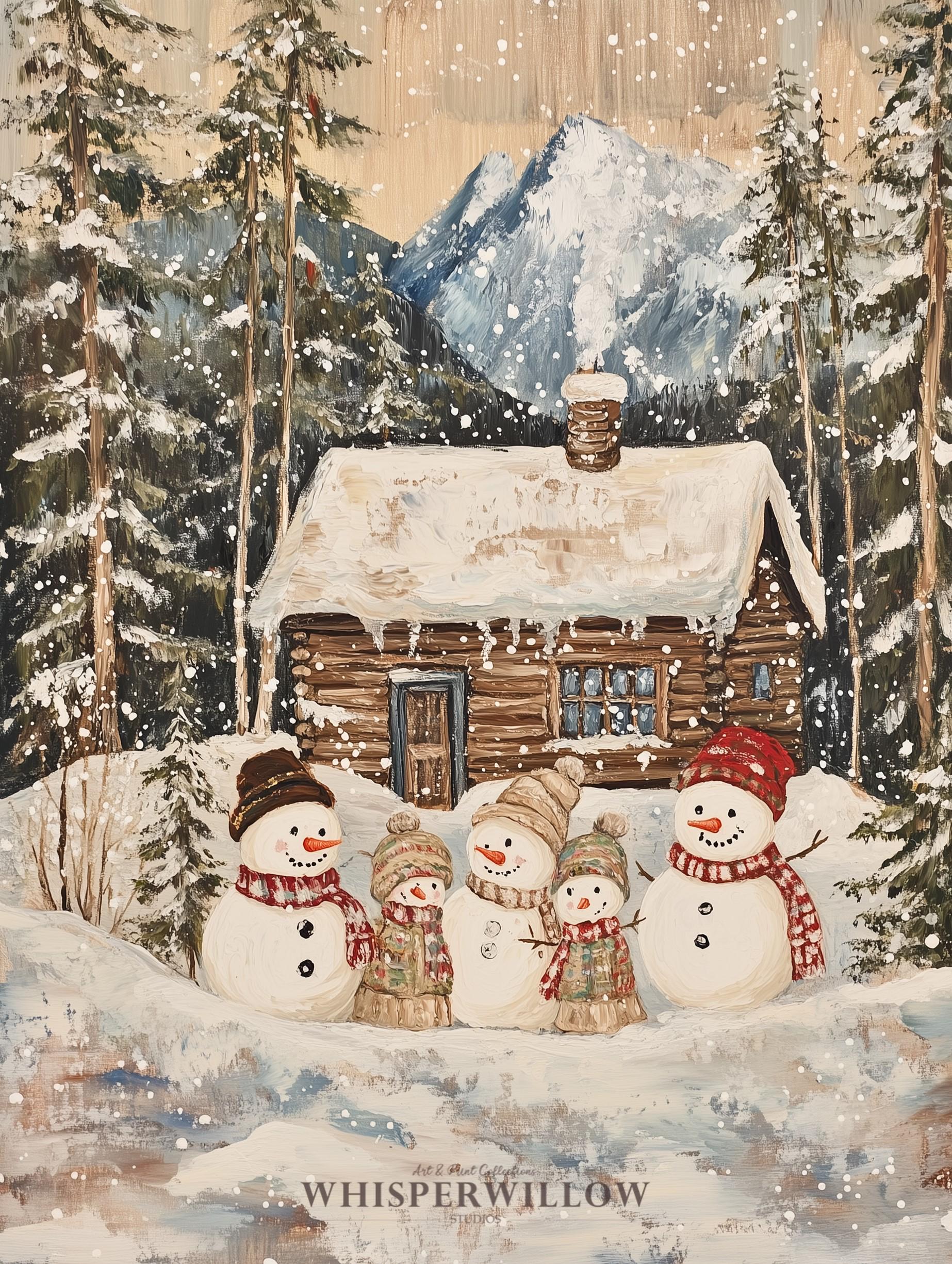 Winter Cabin Snowman Family Painting, Digital Printable Download, Cozy ...