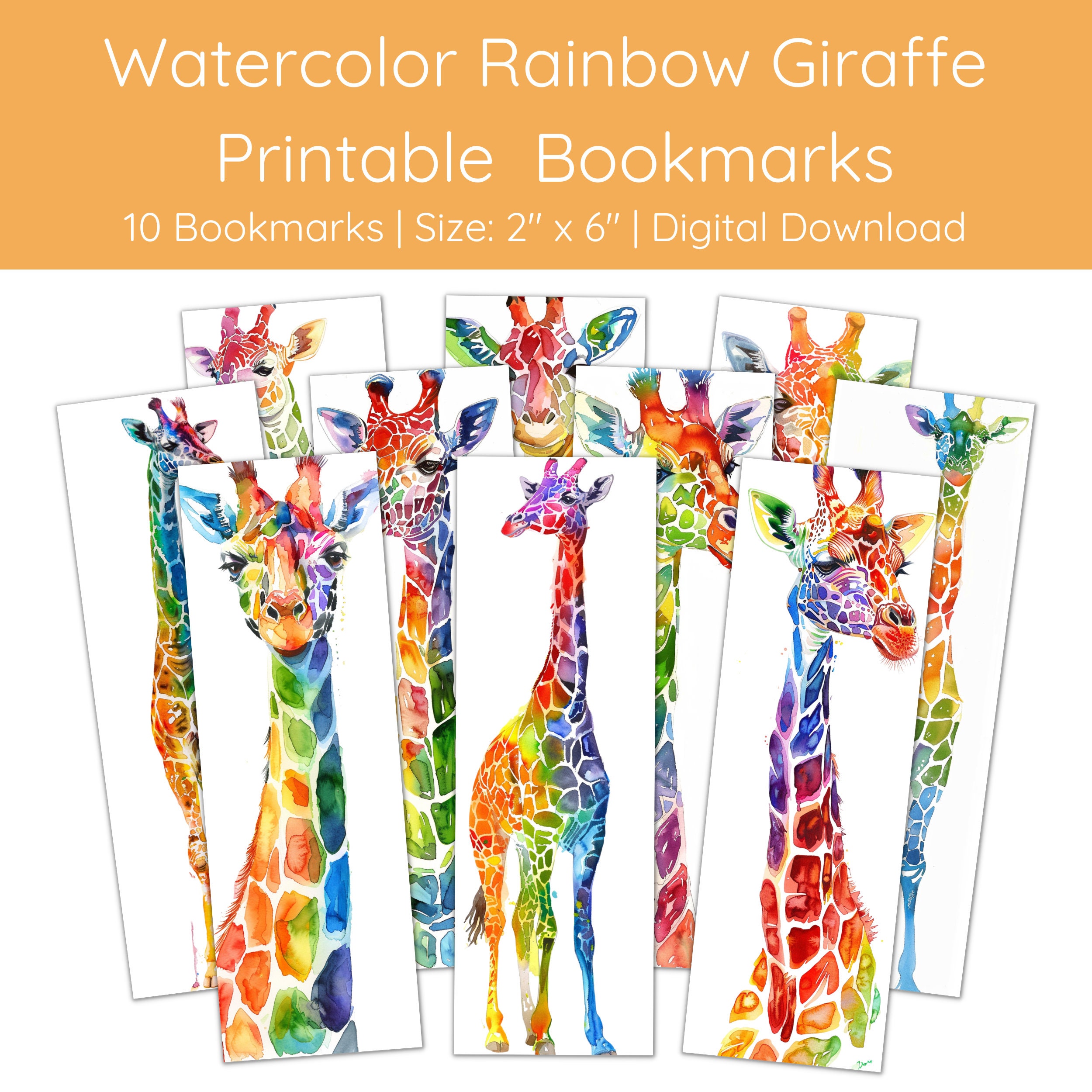 Giraffe Bookmark Printable Bookmark Rainbow Bookmark Watercolor ...