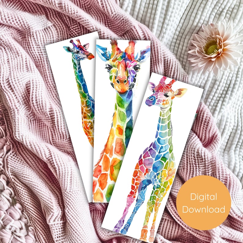 Giraffe Bookmark Printable Bookmark Rainbow Bookmark Watercolor ...