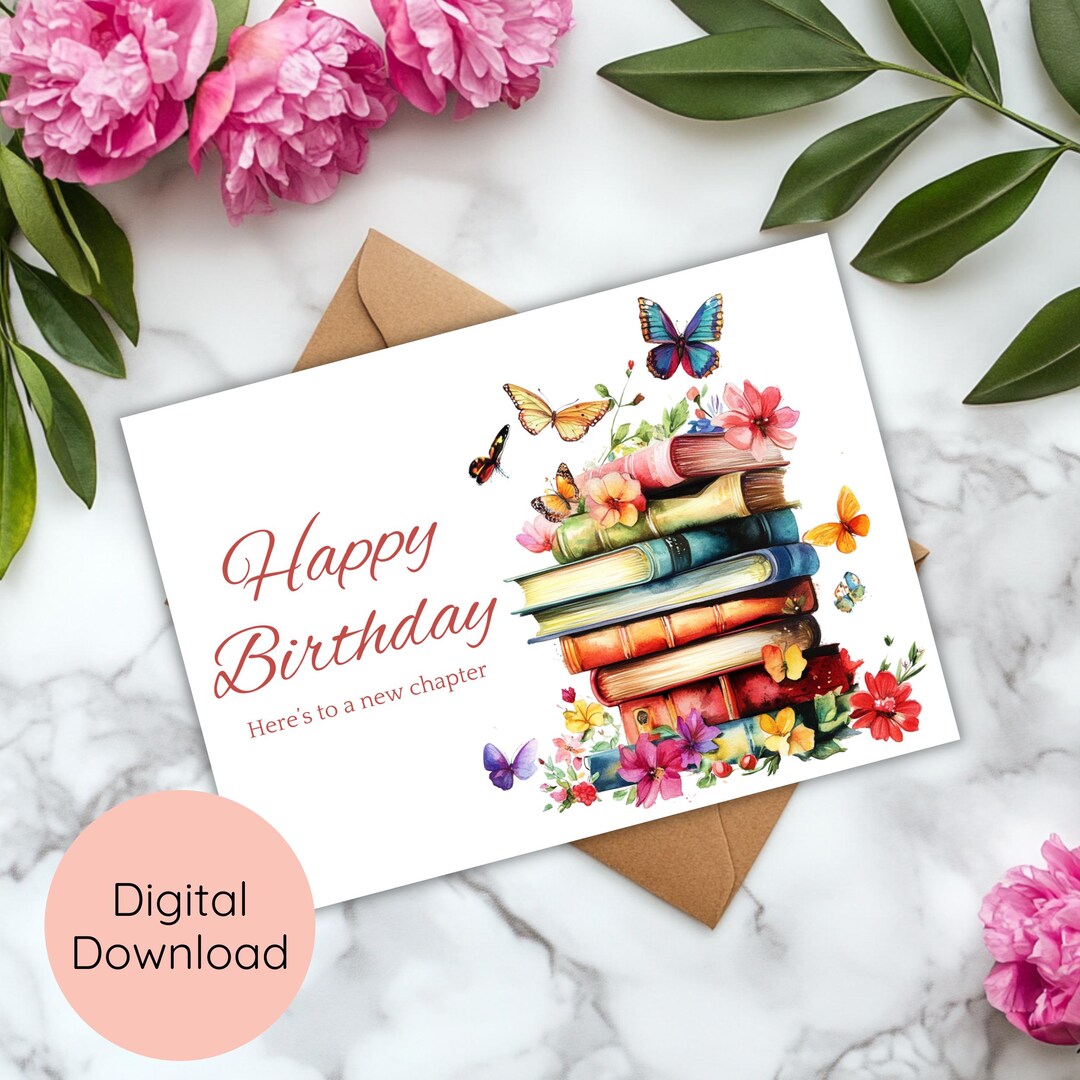 Printable Birthday Card for Readers | Watercolor Book Stack | Book Worm ...