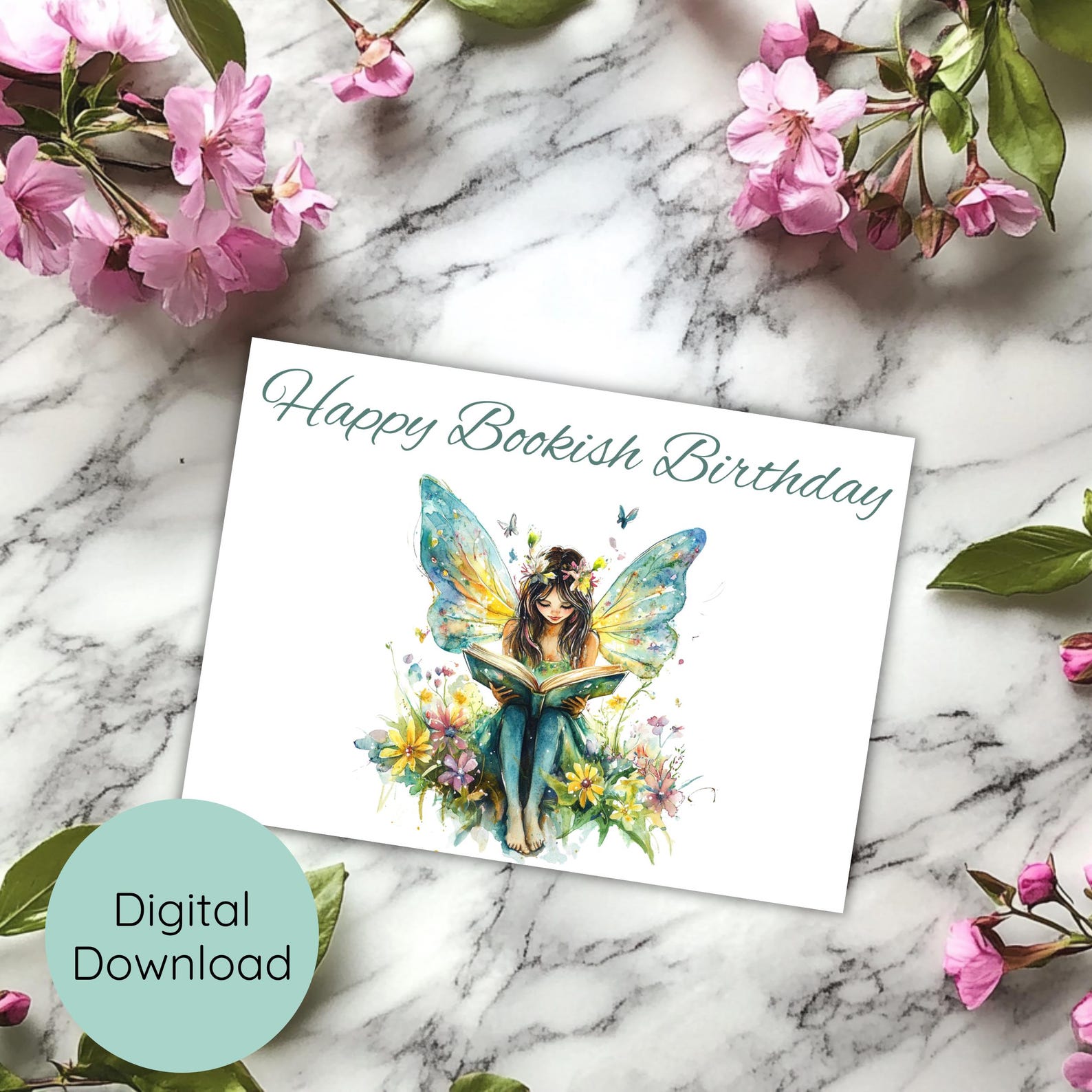 Printable Birthday Card for Readers Reading Fairy Book Worm Digital ...
