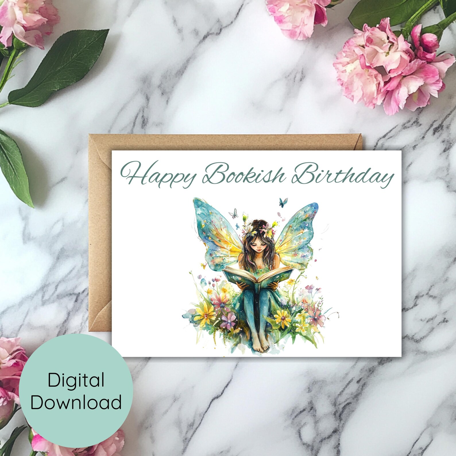 Printable Birthday Card for Readers Reading Fairy Book Worm Digital ...