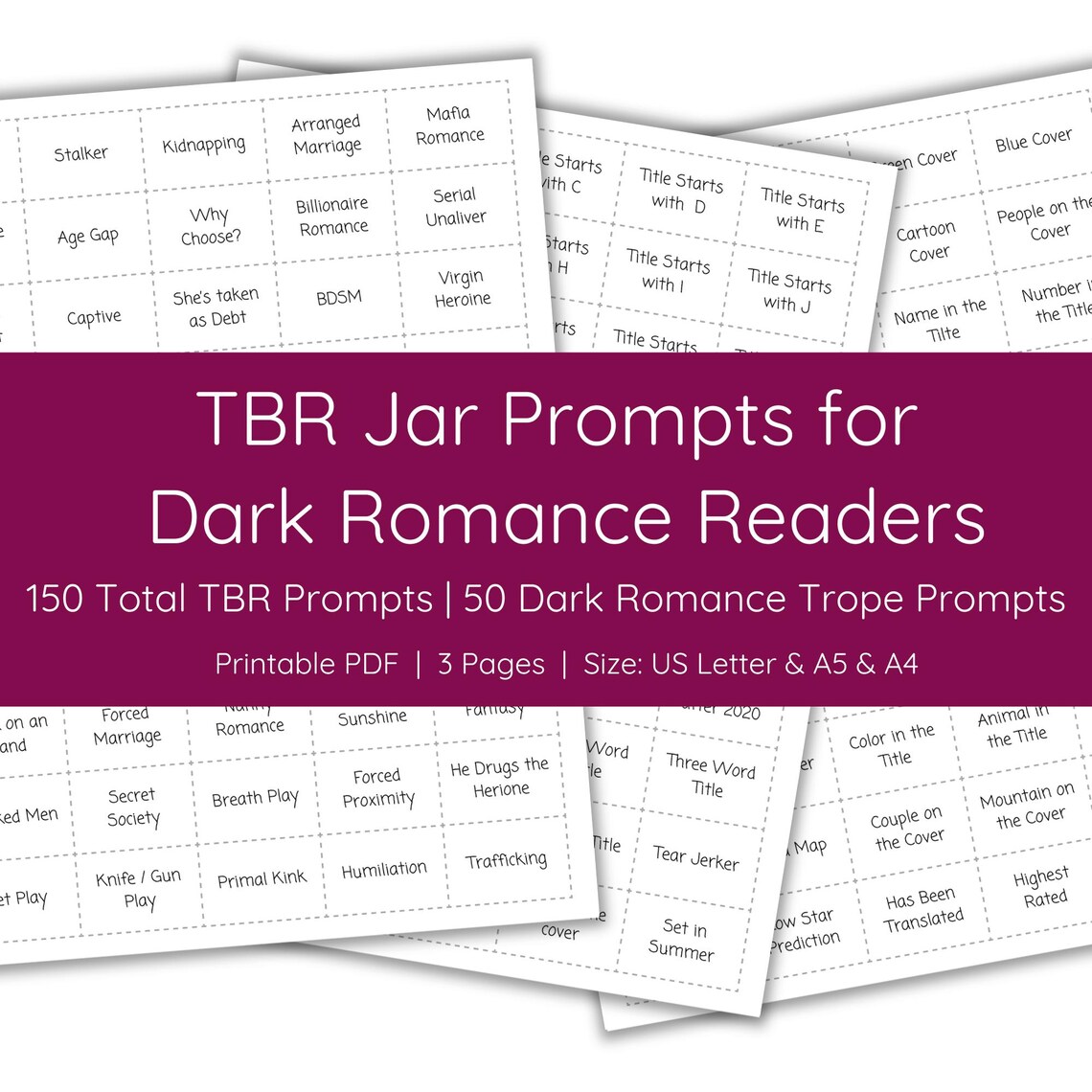 TBR Jar Prompts | Dark Romance Reader | TBR Cards | Printable TBR ...