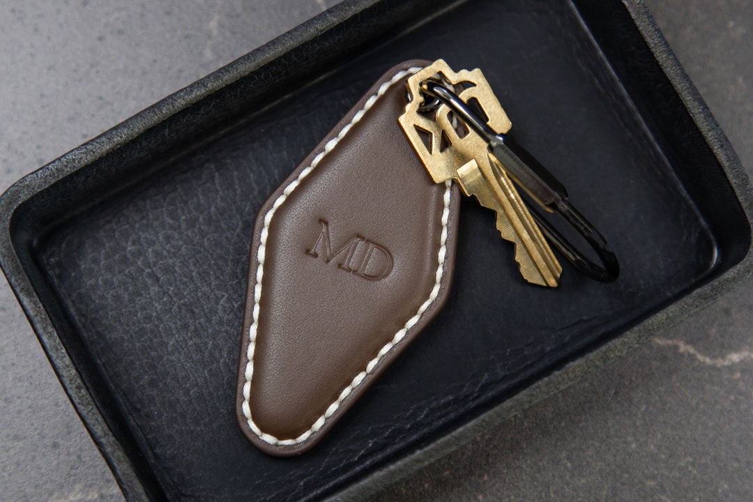 Embossed Initials Diamond Leather W/ Stitching Keychain brown ...