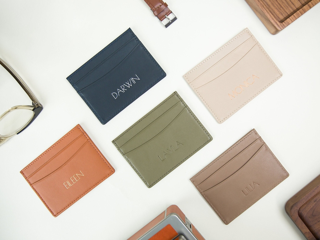 Embossed Leather Card Holder - Custom Monogram Name Initials Slim Money ...