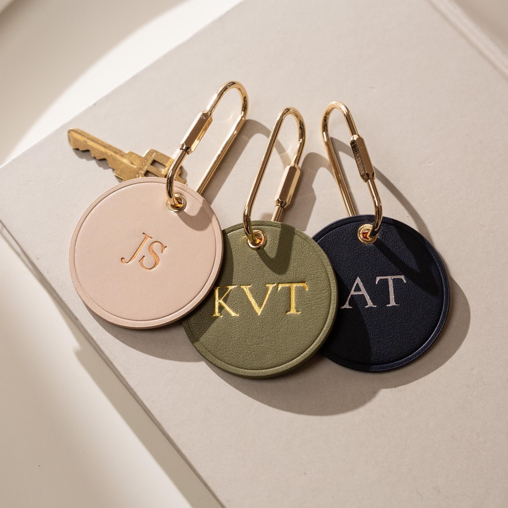 Embossed Round Circle Leather Keychain (initials) - Genuine Nappa ...
