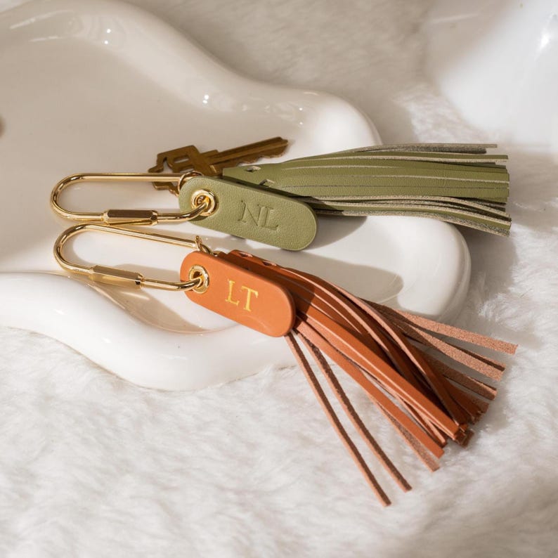Embossed Leather Tag Keychain W/ Tassel - Personalized Nappa Leather ...