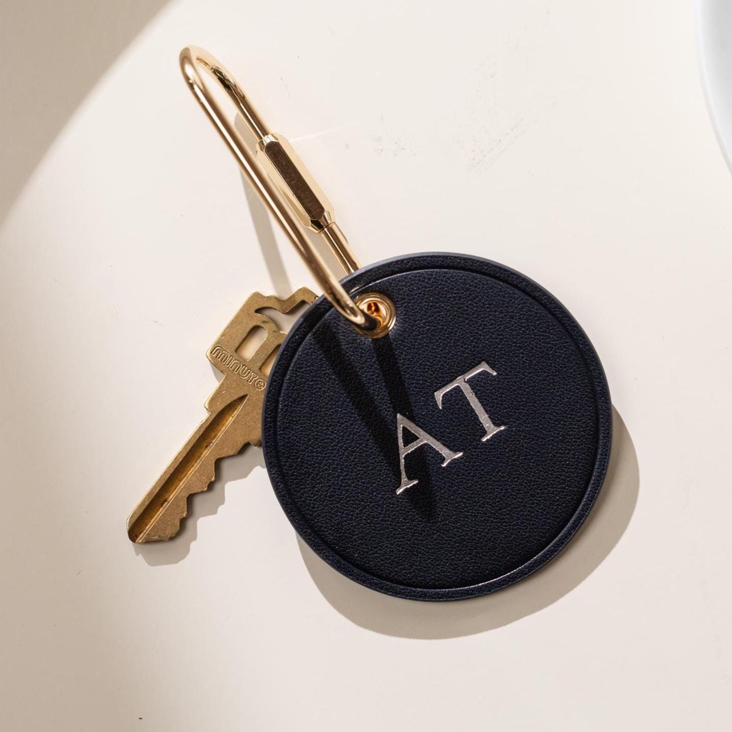 Embossed Round Circle Leather Keychain (initials) - Genuine Nappa ...