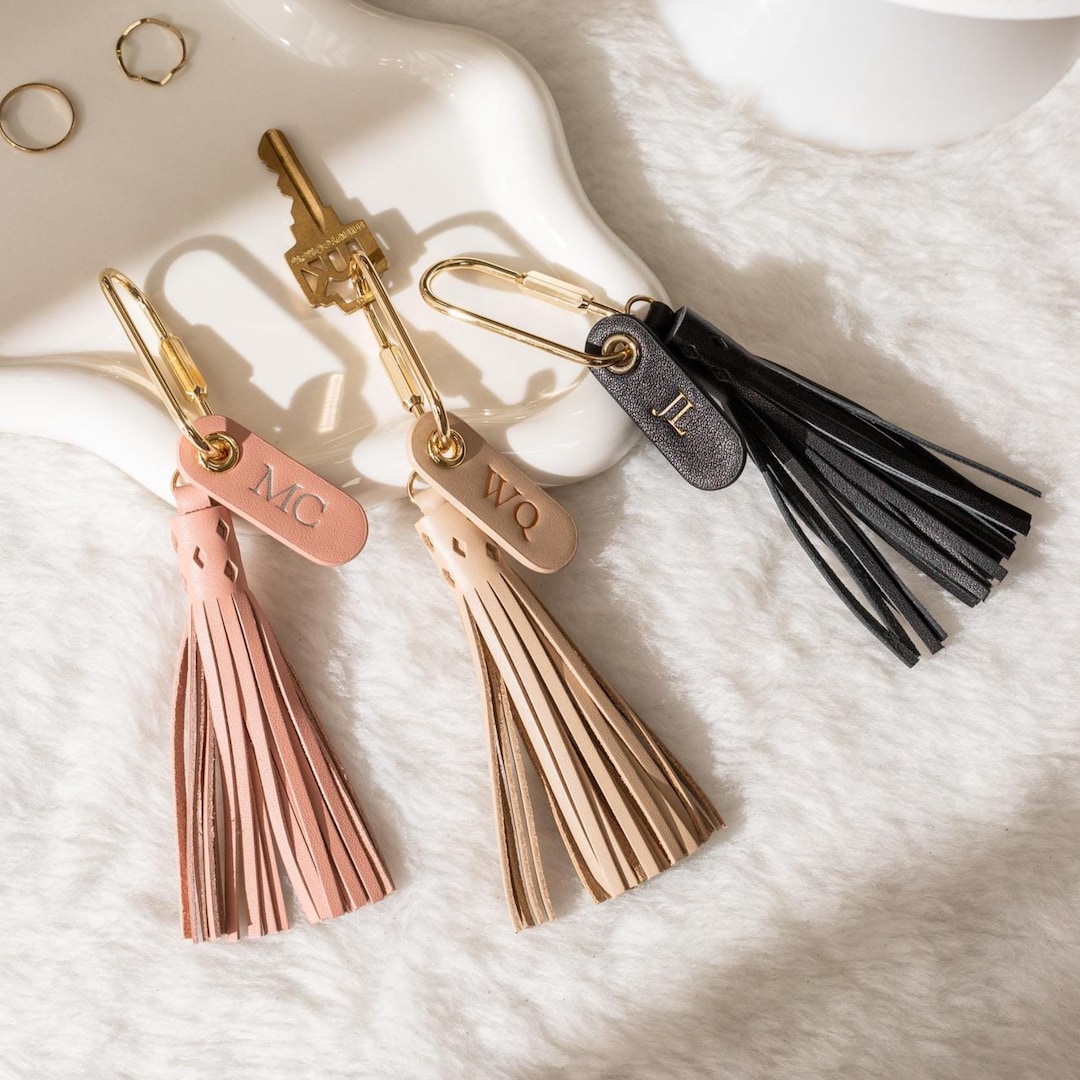 Embossed Leather Tag Keychain W/ Tassel - Personalized Nappa Leather ...