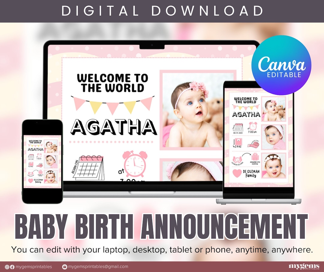 Baby Girl Newborn Baby Birth Announcement Template, Canva Editable - Etsy