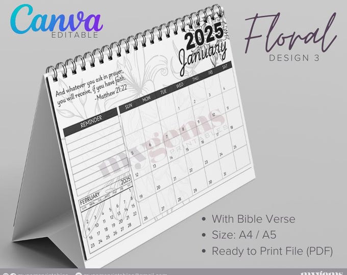 Printable Flowers 2025 Desk Calendar, Printable Calendar, Desk Calendar, PNG for Cameo and ...