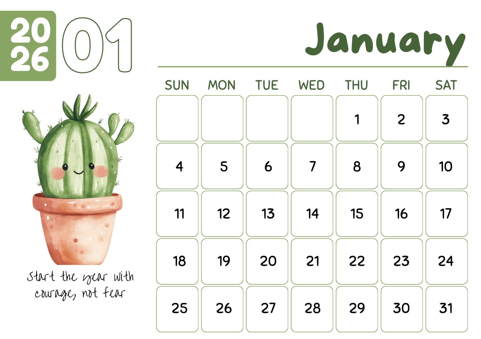 Cactus 2026 Desk Calendar Template: Kawaii A5 Canva Design Canva ...